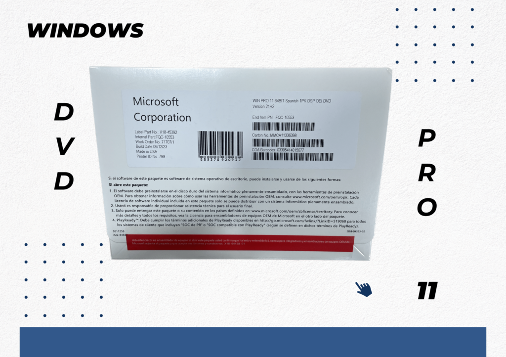 Windows 11 PRO – 1 licencia – OEM – DVD – 64-bit – Español – DEOY Market